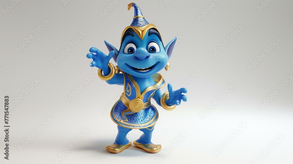 3D rendering of a cute blue genie. The genie is wearing a golden turban ...