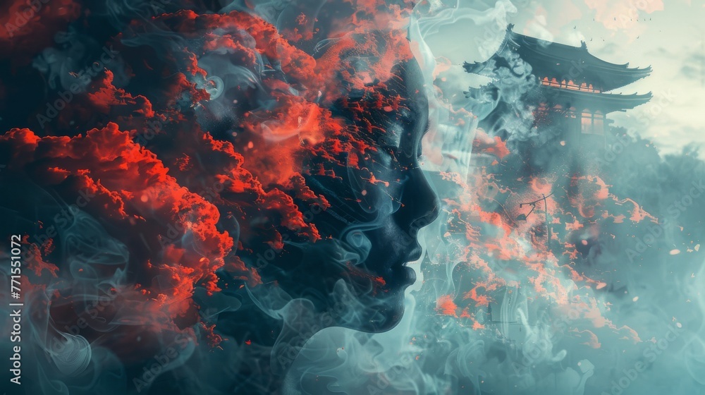 Eerie profile illustration of a human head immersed in the chilling ...