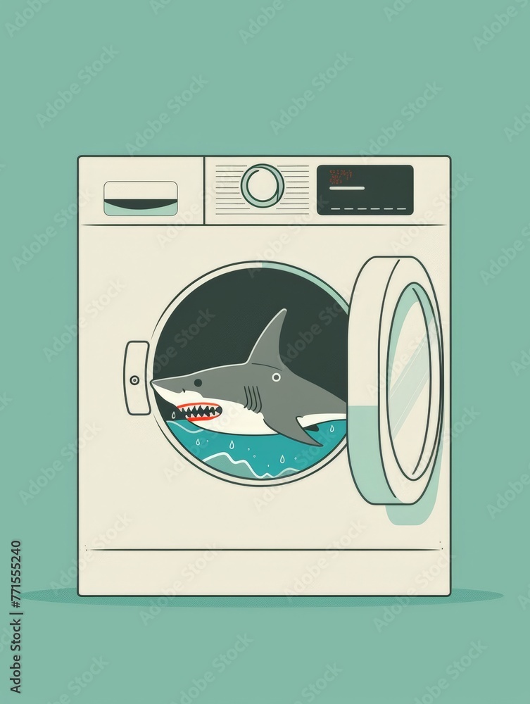 A shark is seen spinning inside a washing machine, its sharp teeth and ...