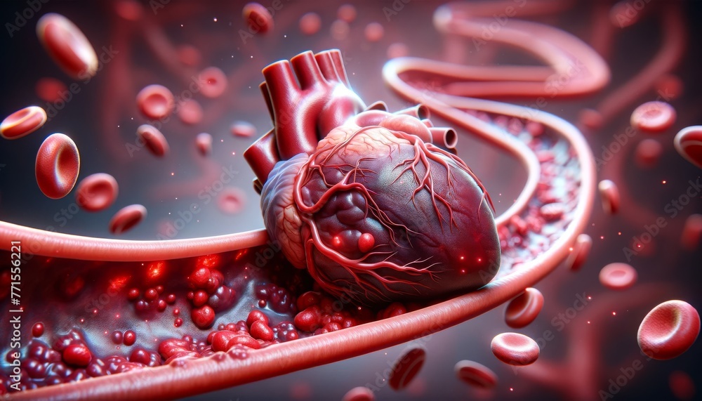 Realistic rendering of a human heart amidst blood cells, emphasizing ...
