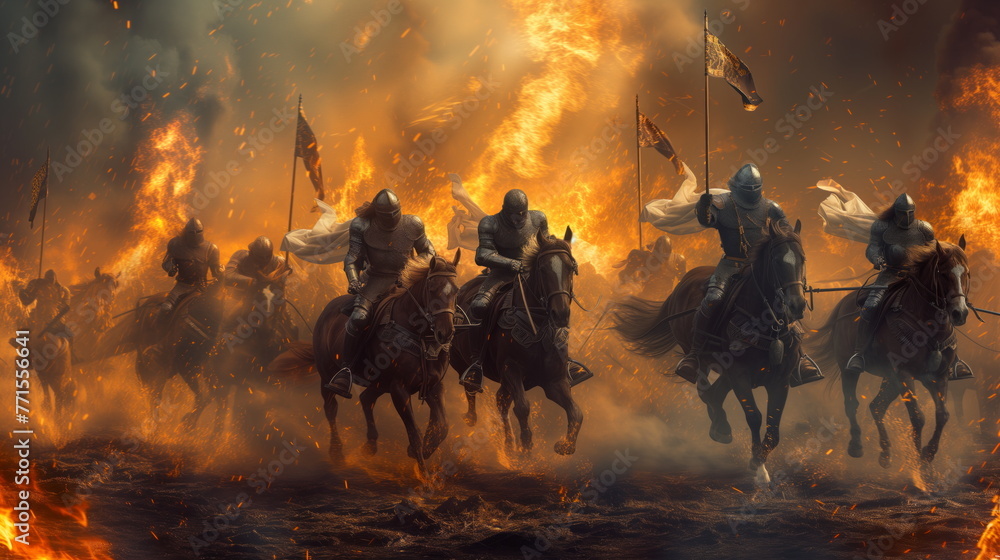 Gallant knights in shining armor charge through a fiery battlefield ...