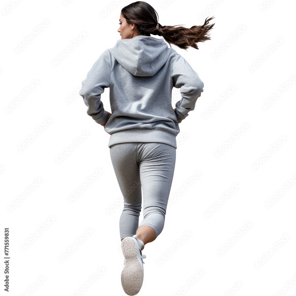 Rear backside view of female runner in hooded sweatshirt running away ...