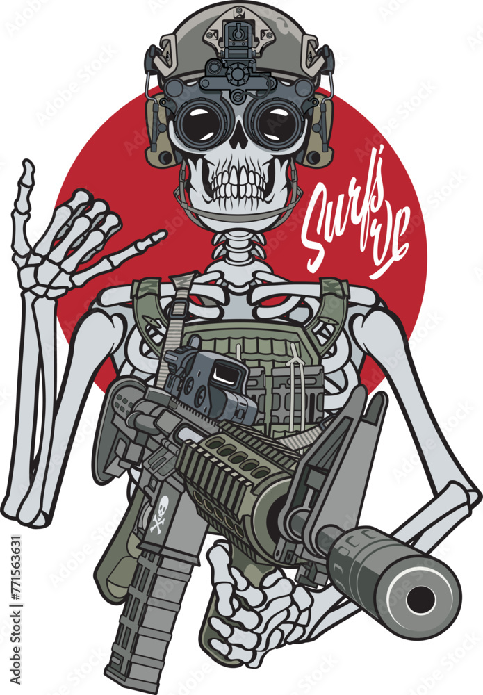 military Skeleton shows hand sign wearing military gear and holding ...