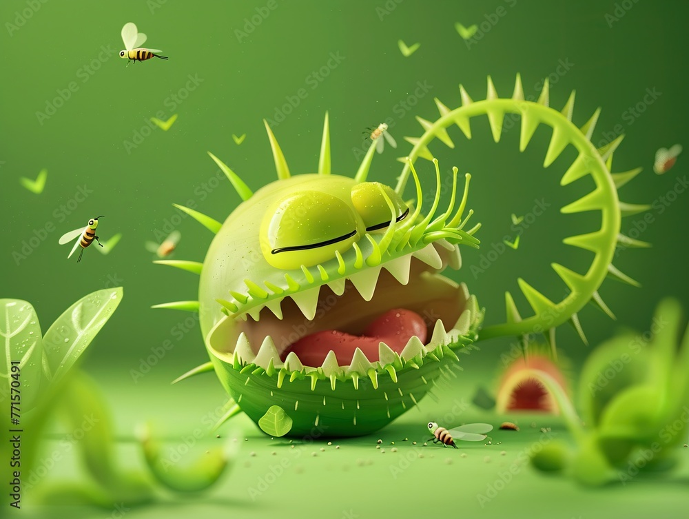 Animated carnivorous plant with an open trap ready to catch bees in a ...