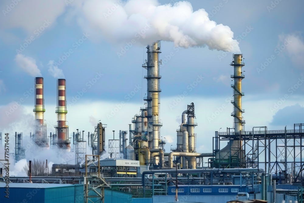 Factory with tall smokestacks emitting smoke. Industrial scene with ...