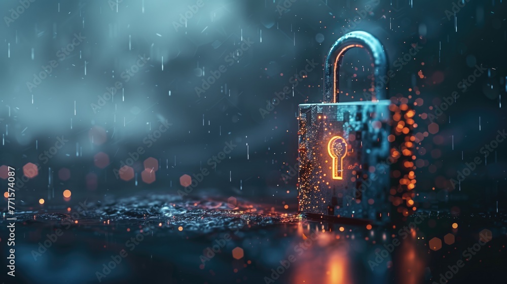 Padlock with Keyhole in data security on Converging point of circuit. Cyber data and information ...