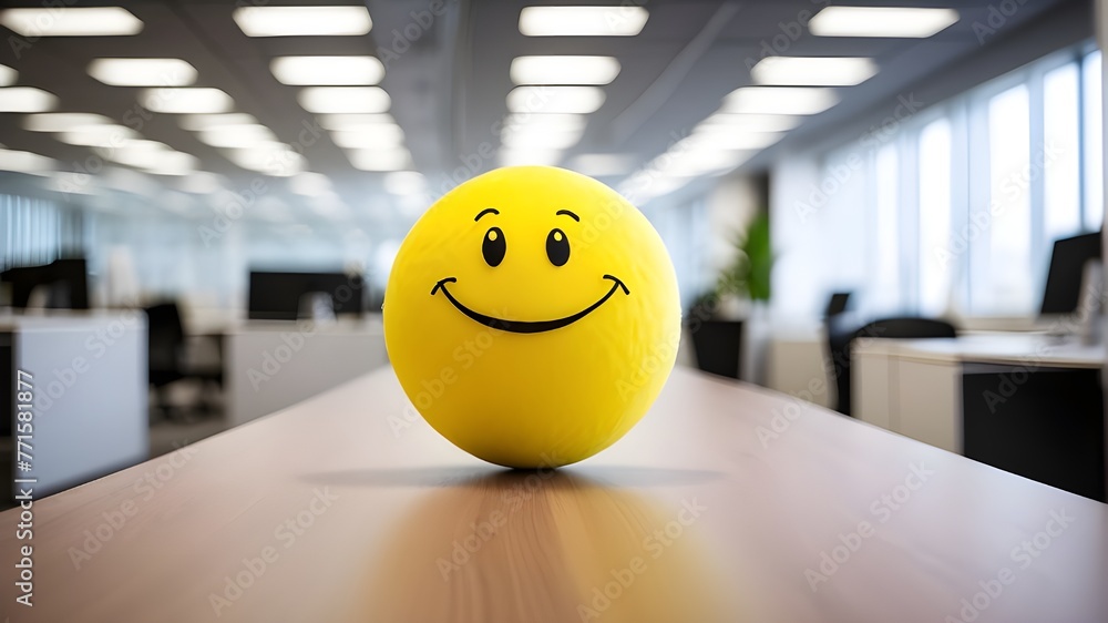 A yellow smiling emoji placed throughout the office serves as a visual ...
