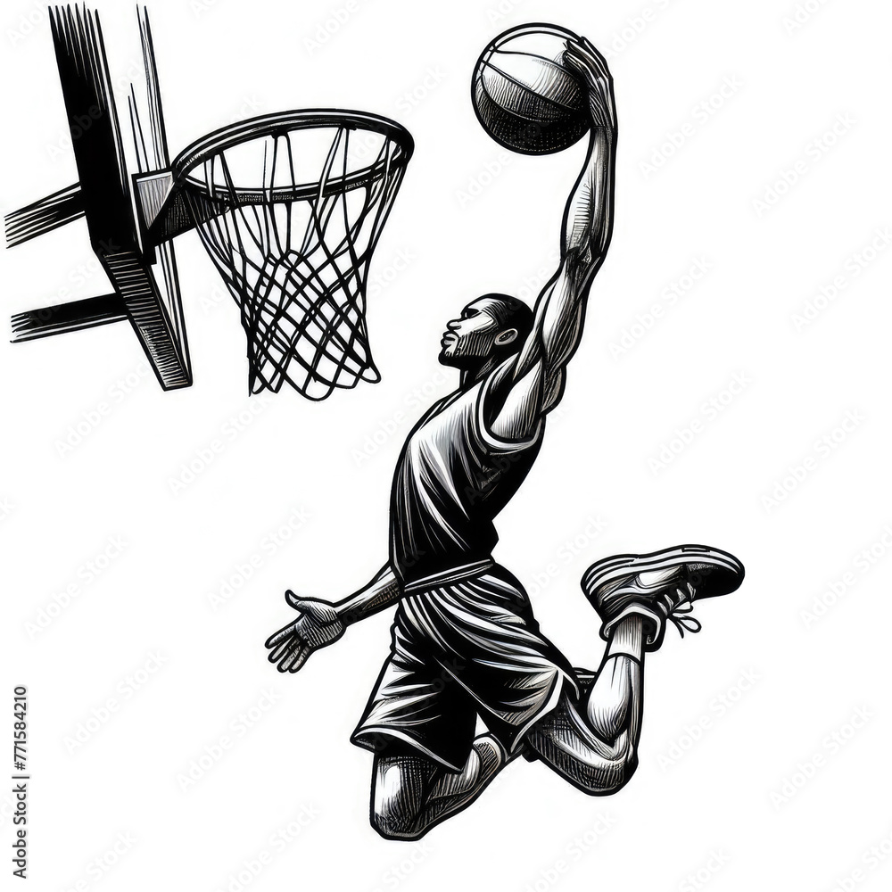 basketball player in mid-air, executing a powerful slam dunk ...