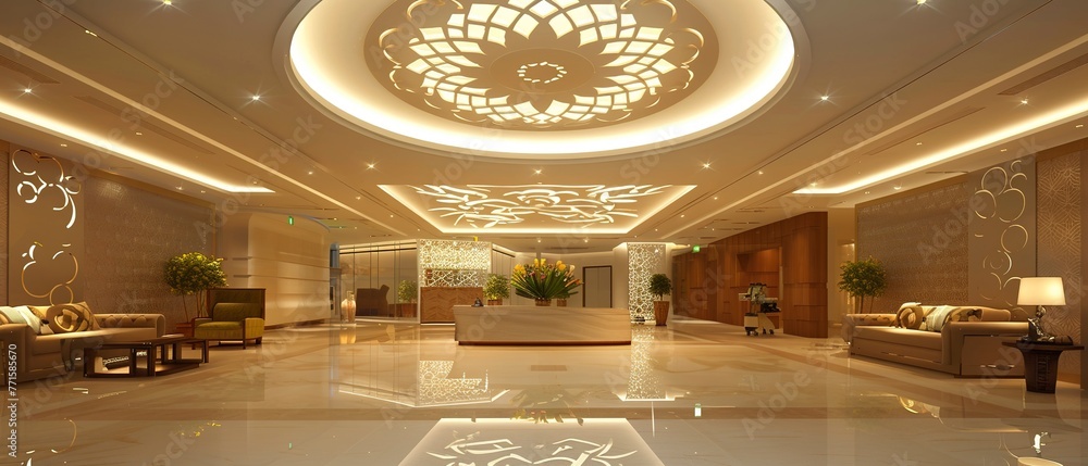 Intricate ceiling design in hospital lobby, grand perspective ...