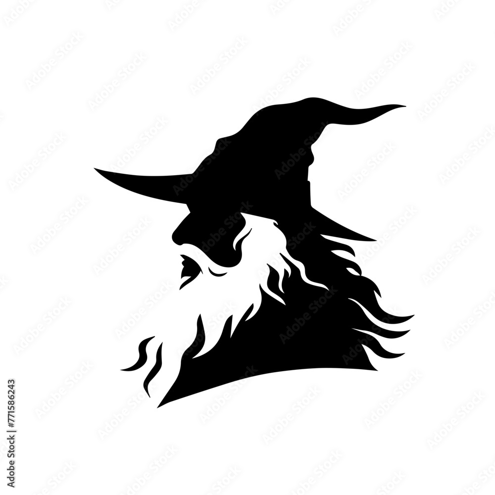 Flat cartoon vector silhouette logo of a wizards head in profile with a ...