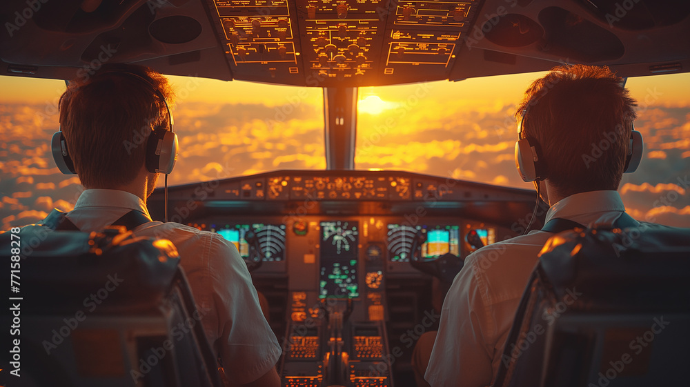 Captain and first officer preparing for takeoff in the cockpit of a ...