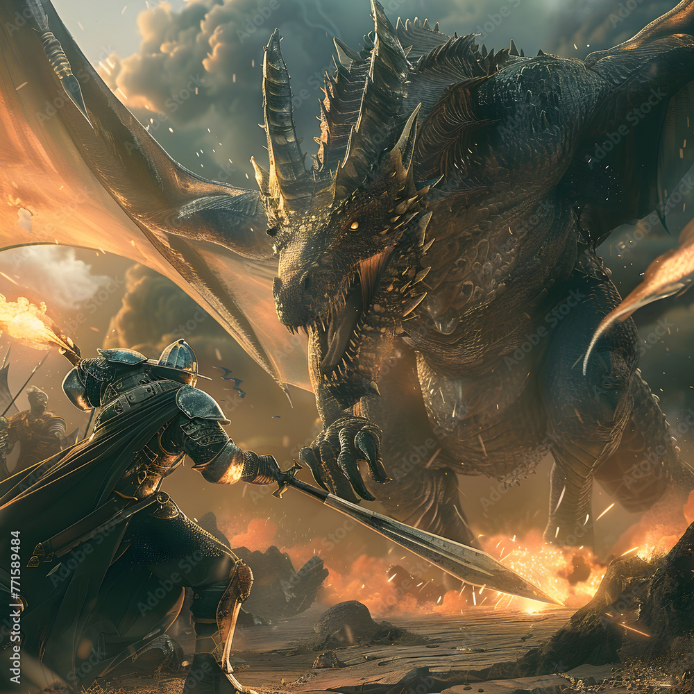 An epic battle between a brave armored paladin warrior and a giant epic ...