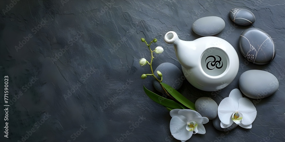 Zen-inspired arrangement featuring a white ceramic Neti pot, OM symbol ...