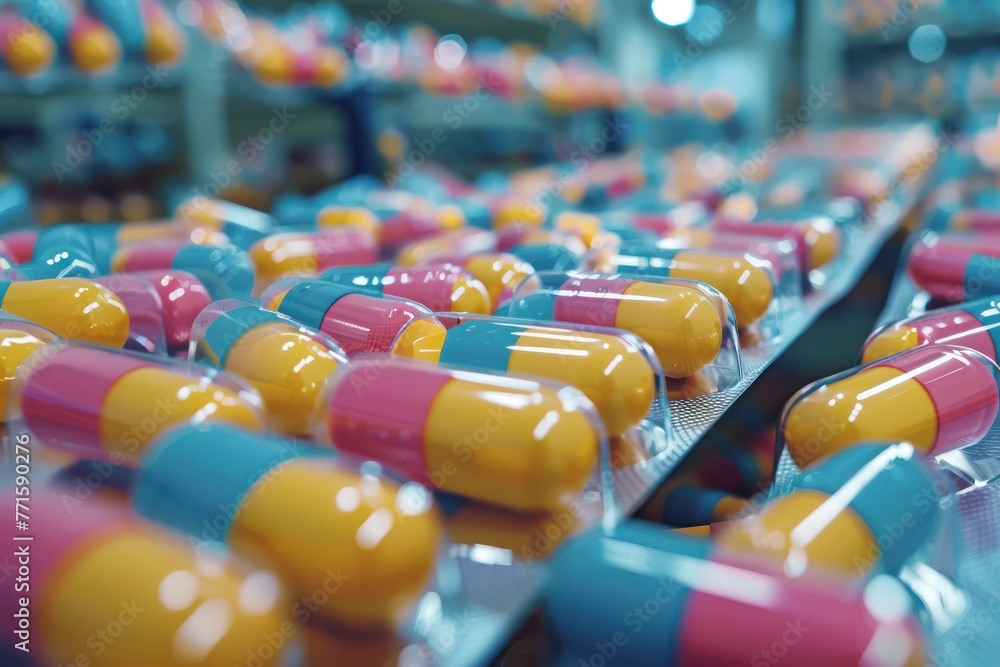 Reflecting the modern drug production process, rows of colorful ...