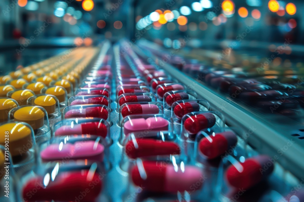 Rows of colorful capsules on an automated production line in a ...