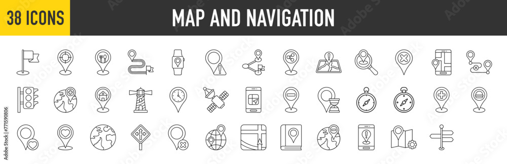 38 Map and Navigation icons set. Containing Red Flag, Destination, Restaurant, Current, Share ...