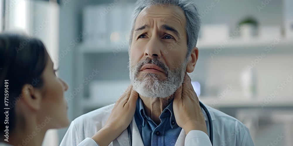 Senior female doctor examining male patients neck for swollen thyroid ...