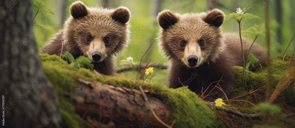 Two bear cubs, carnivorous terrestrial animals with fur, are standing ...