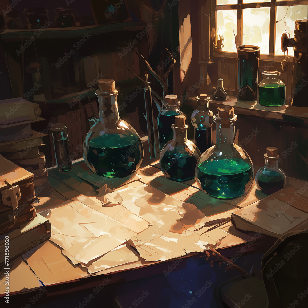 anime illustration of a wizard's workshop, potions and spellbook on top ...