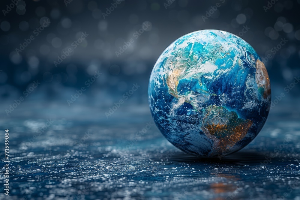 3D render of globe adorned with world map, set against blue background ...