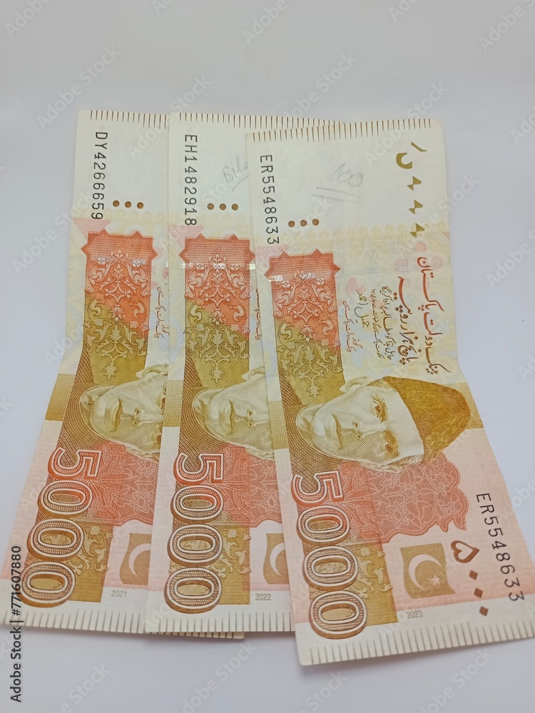 Three Five Thousand Pakistani Rupee Currency Notes Displayed on a Clean ...