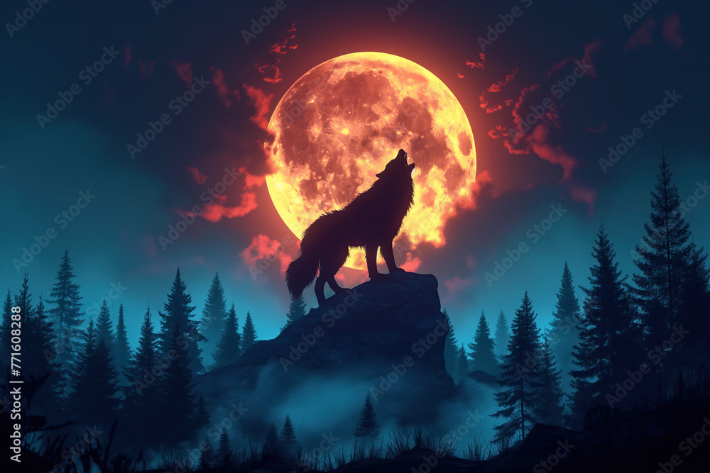 fantasy wolf werewolf howls at full moon on top of mountain in the ...