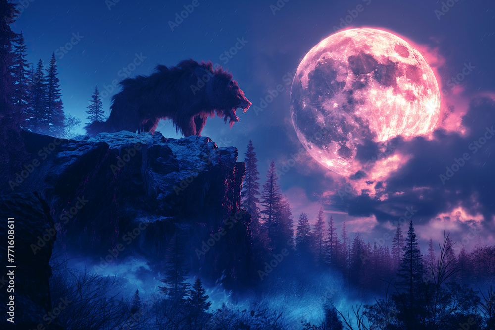 mystic werewolf lycanthrope howls at full moon on top of mountain in ...