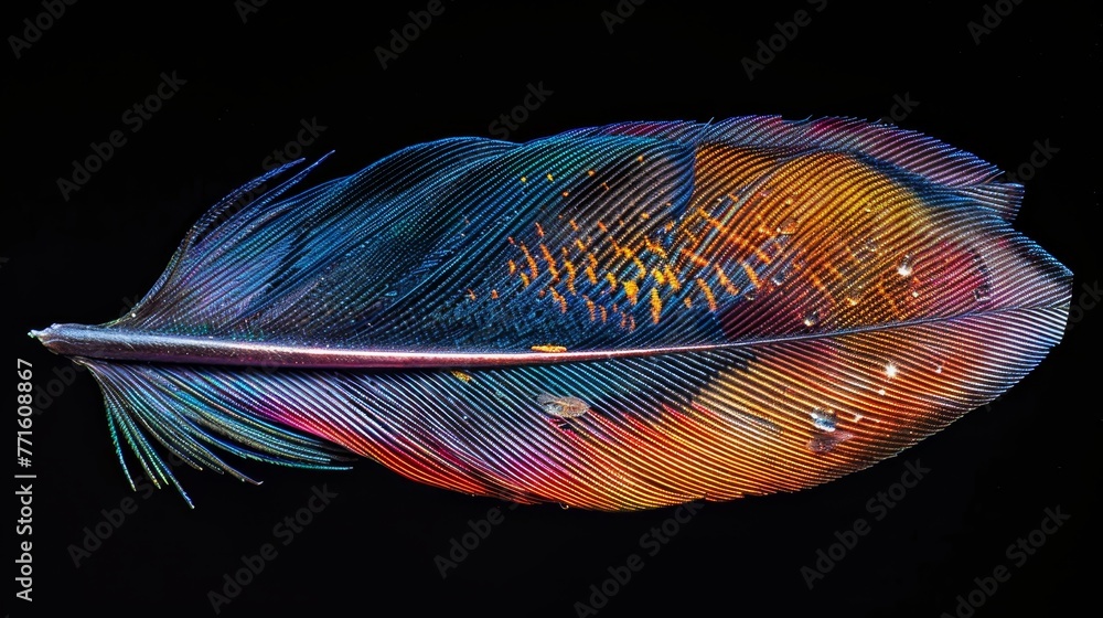 A colorful feather with a metallic sheen. The feather is a vibrant mix ...