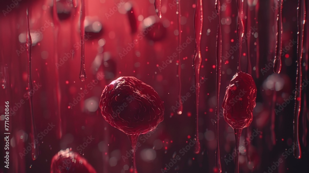 A close up of red blood cells dripping from a red background. Concept ...