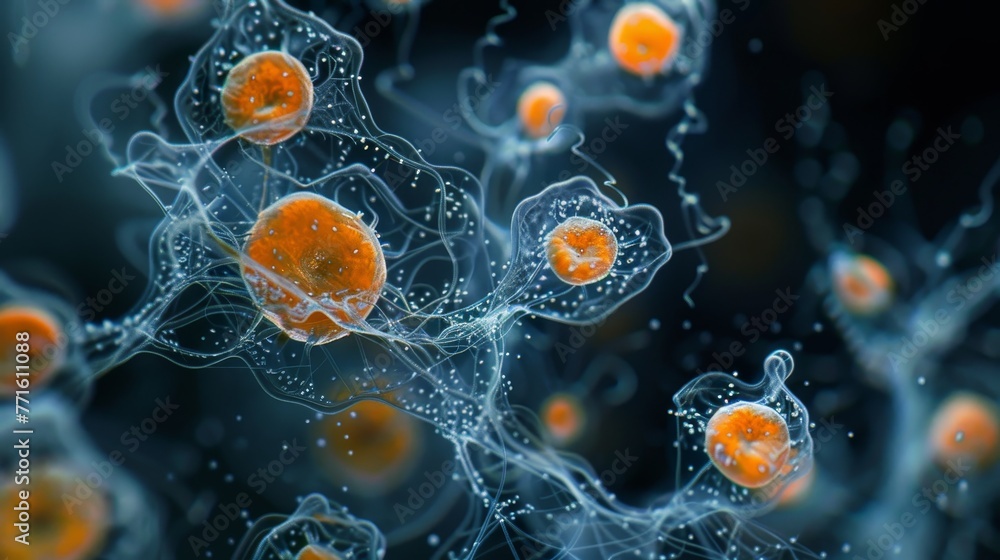 A close up of a bunch of orange and blue cells. The orange cells are ...