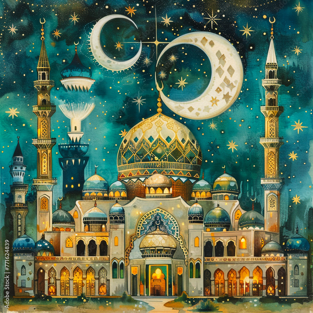 Beautiful Mosque silhouette on moonlight night background, Can be used ...