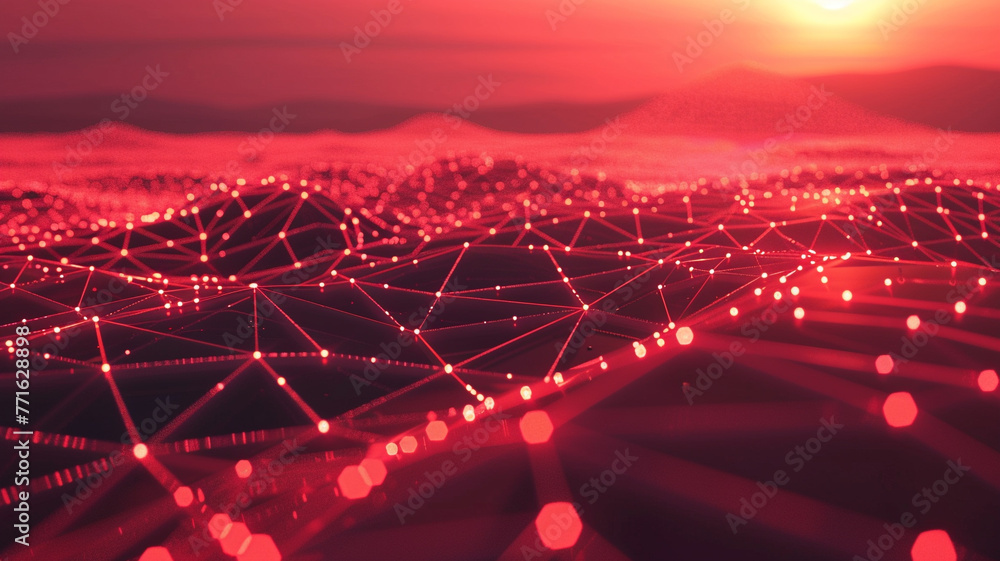 Envision a sprawling landscape of interconnected red dots and triangles ...