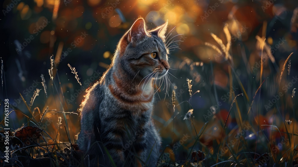 Tabby cat sits amidst autumn leaves - A serene tabby cat sits ...