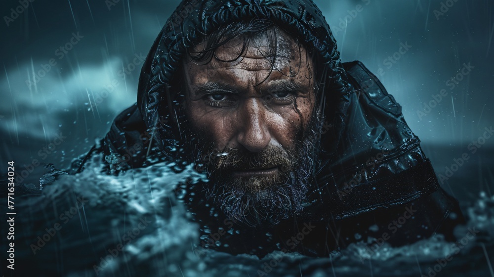Captain navigating through stormy seas his face set in concentration a ...