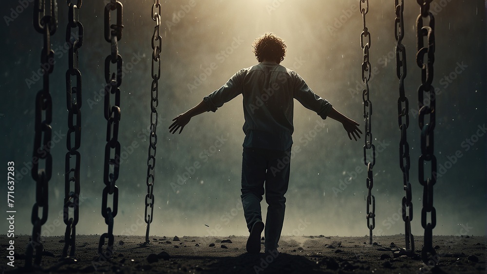 Release from Captivity: The Man Breaks His Chains and Escapes Stock ...