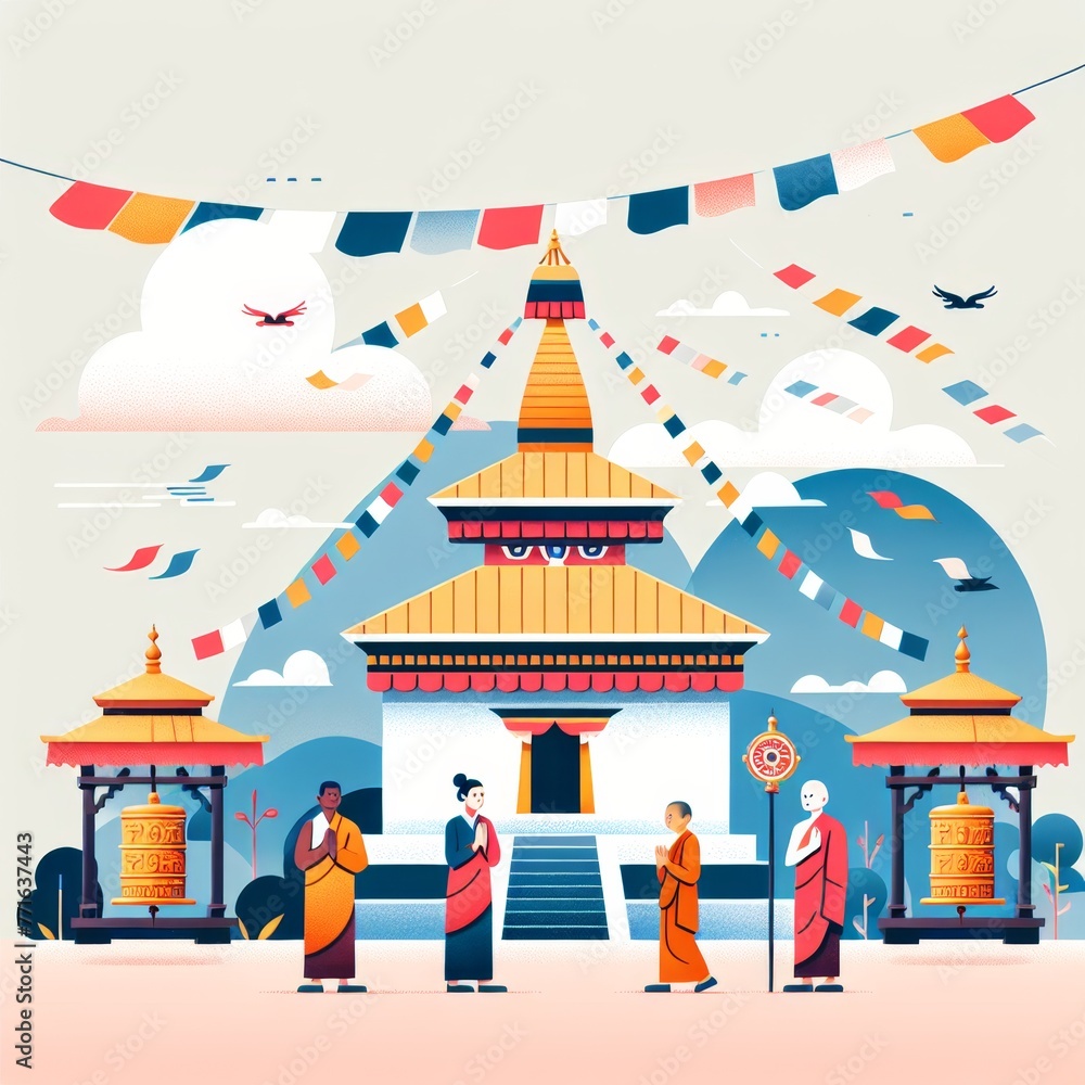 illustration of a peaceful courtyard within a Nepali temple, featuring ...