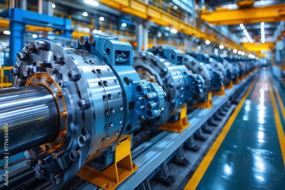 Bright and sharp image of a long assembly line of shiny hydraulic ...