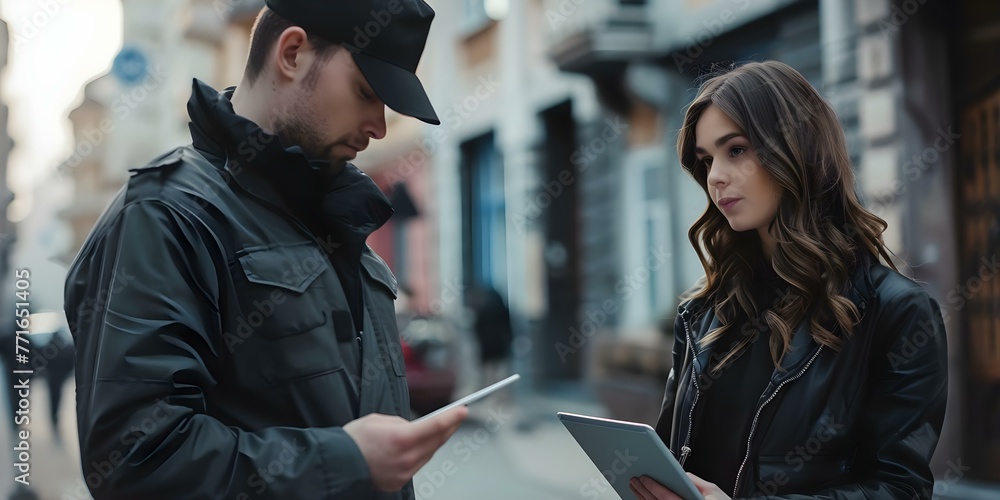 Woman with brown hair giving information about robbery to detective ...