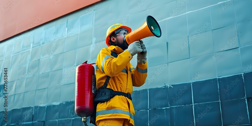 Fireman uses megaphone to announce emergency evacuation in a building ...
