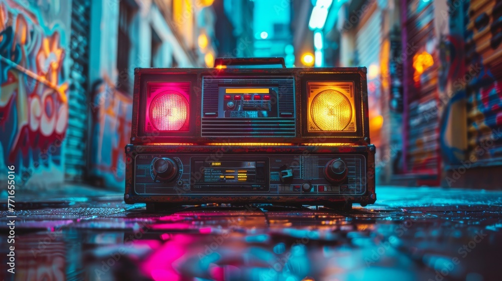 Retro 1980s boombox on a graffiti-tagged street, neon lights reflecting ...