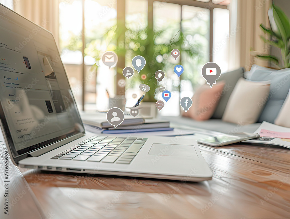 Influencer's stylish workspace setup, social media icons floating, room ...