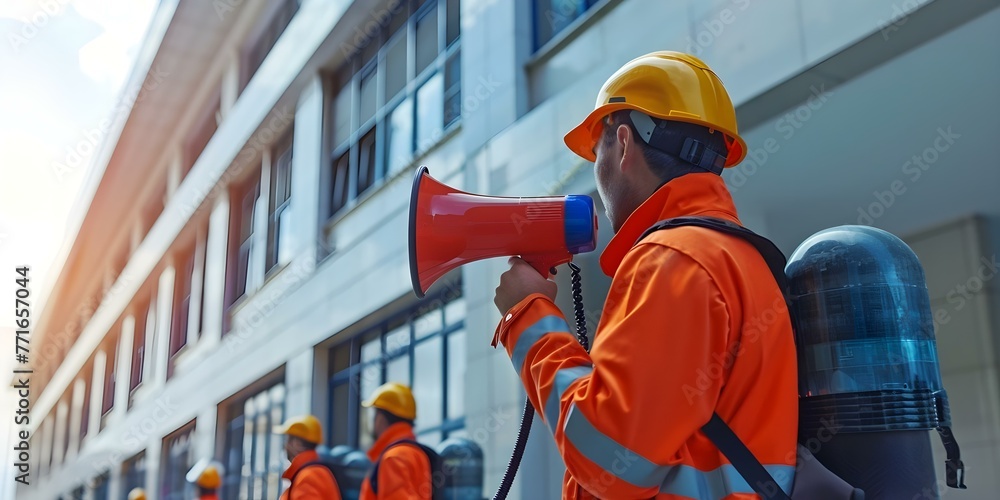 Workers evacuating office building during fire drill as firefighter uses megaphone to announce ...