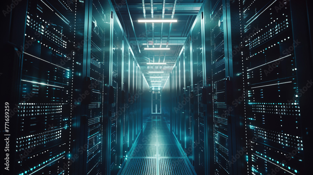 Modern Data Technology Center Server Racks in Dark Room with VFX ...