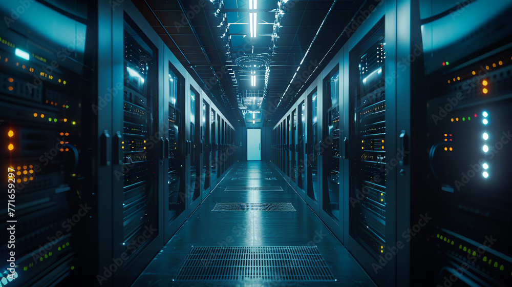 Modern Data Technology Center Server Racks in Dark Room with VFX ...