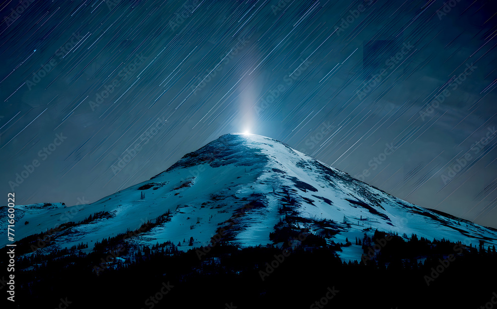 A mountain at night with a bright light coming from the top. mountain ...