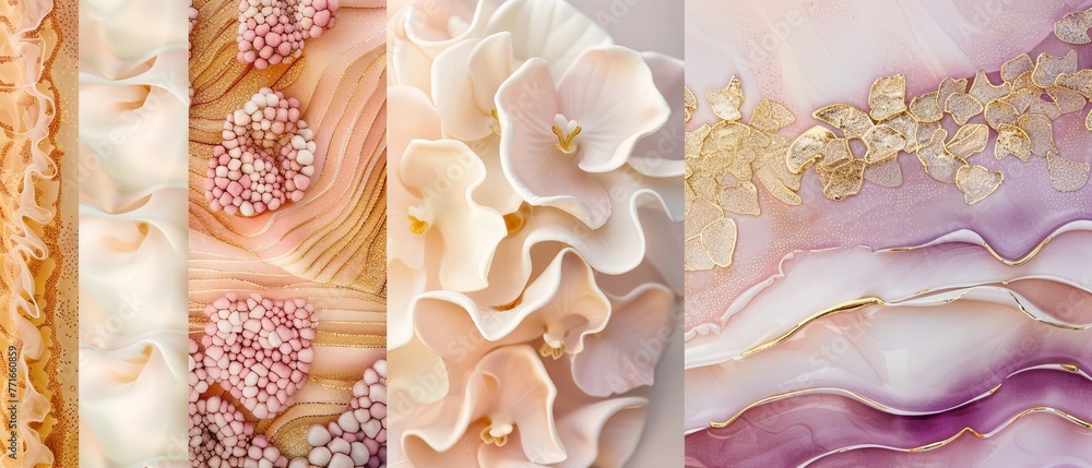 Luxurious organic textures, flowers in white, gold, pink hues ...