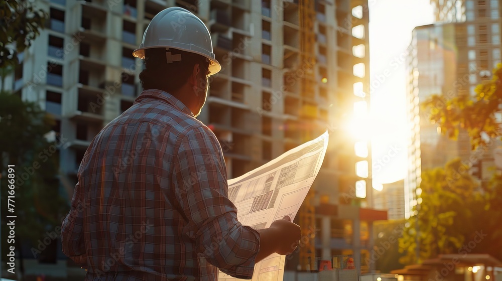 An architect inspects a building site while reviewing blueprints ...