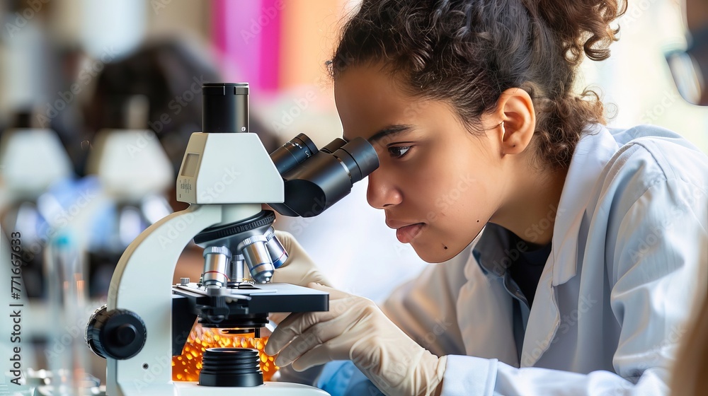 Foto de College students use a microscope in a science lab. A focused ...
