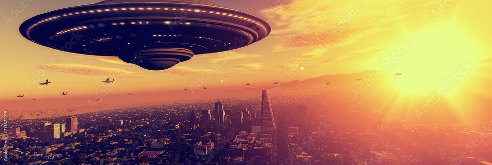 Alien invasion. An alien spaceship hovered over a densely populated ...