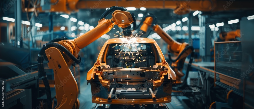 An assembly line with industrial robots fitting panels to a car chassis, showcasing precision ...